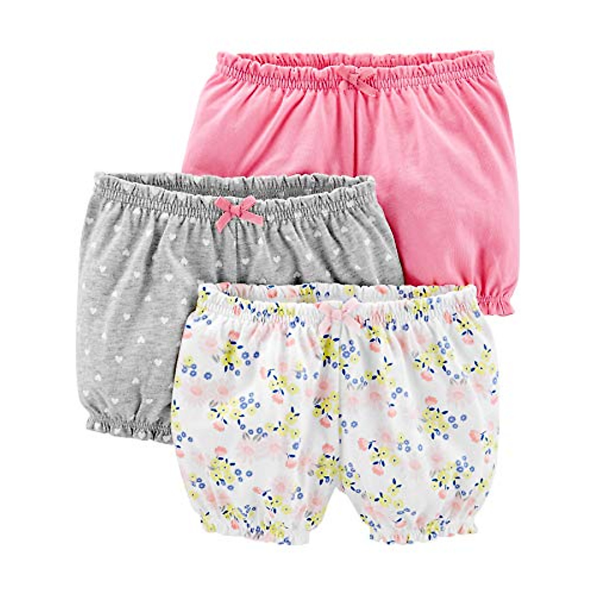 Simple Joys by Carter's Baby Girls' Bloomer Shorts, Pack of 3, Grey Hearts/Pink/White Floral, 12 Months