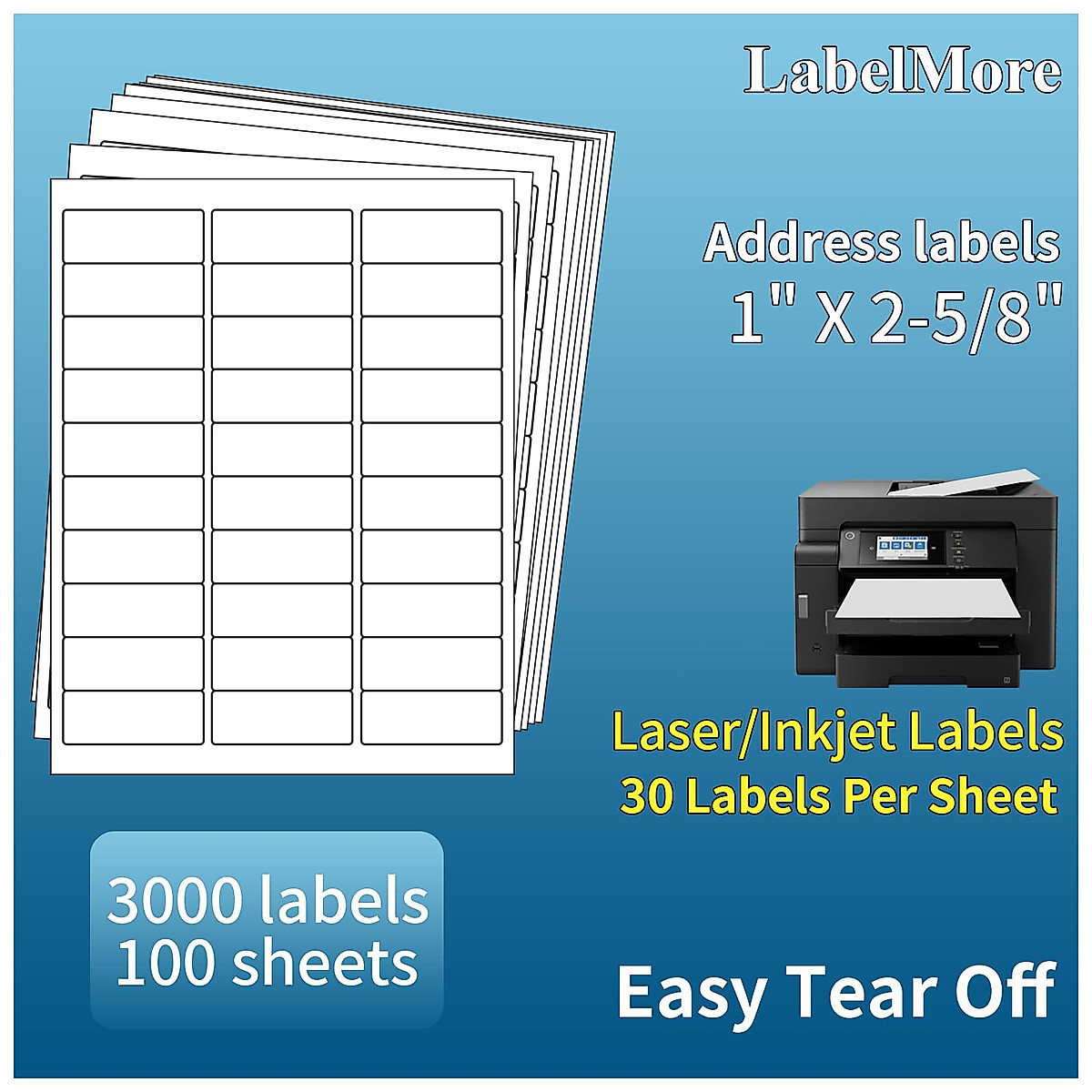 1" X 2-5/8" Address Labels 30 Per Sheet Sticker Paper for Laser and Inkjet Printers, 8.5"×11" White- 3000 Labels