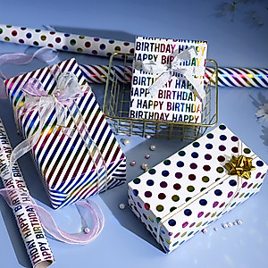 KORSEEN Gift Wrapping Paper Roll, Rainbow Gold Foil Wrapping Paper for Birthday, Party, Holiday - 3 Mini Rolls Birthday Gift Wrap - 17 x 120 Inch Per Roll