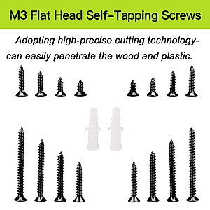 M3 Flat Head Wood Screws Assortment Fasteners Kit 420pcs,Phillips Drive Countersunk Head Self-Tapping Screws,Carbon Steel,Contains 20pcs M6 Screw Anchors