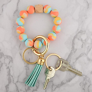 Coolcos Silicone Key Ring Bracelet for Women Portable Keychain Holder, Car Keychain Elastic Beaded Wristlet with Tassel (rainbow colorful)
