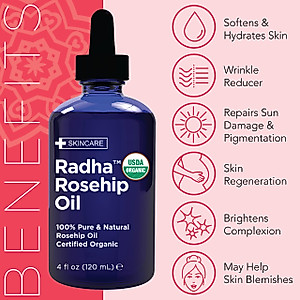 Radha Beauty 4 oz Organic Rosehip Seed Oil 100% Pure Cold Pressed - Great Carrier Oil for Moisturizing Face, Hair, Skin, & Nails, Hydrating and Nourishing