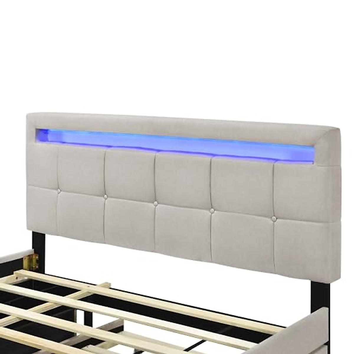 ATY Upholstered Queen Size Bed with Twin-XL Trundle and Two Drawers, Linen Fabric Platform Bedframe w/Lighting& Button Tufted Headboard, Save Space, 86.6" L X 64.6" W X 43.7" H, Beige