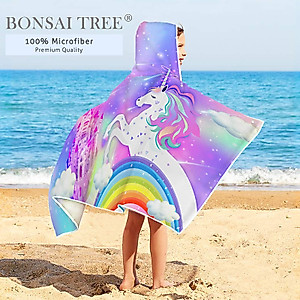 Bonsai Tree Unicorn Hooded Beach Towel for Kids, Cute Rainbow Bath Towel with Hood for Girls, Pink Magic Castle Microfiber Super Absorbent Soft Poncho Bathrobe for Swin Pool 30”x50”