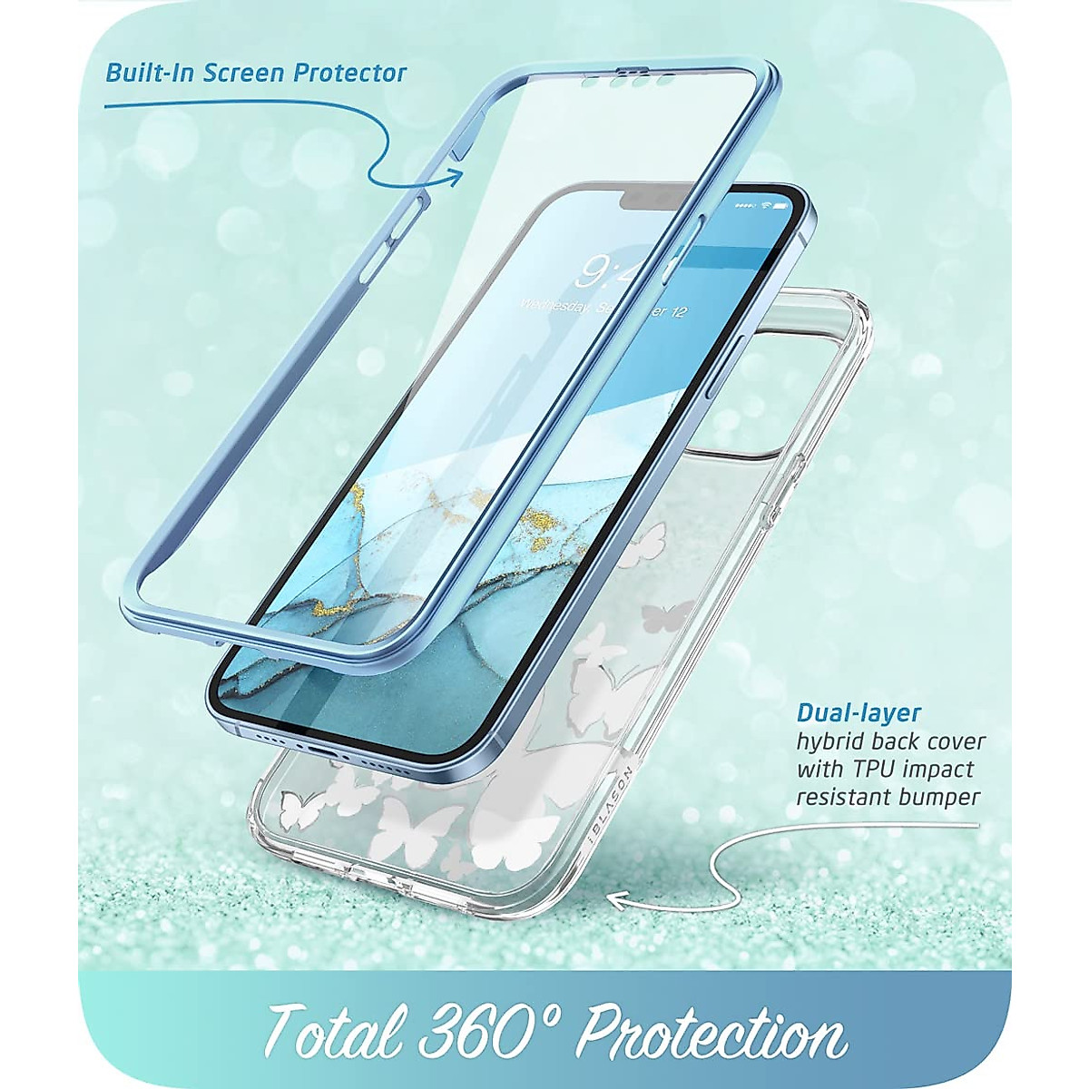 i-Blason for iPhone 13 Pro Case with Built-in Screen Protector, [Full Body Drop Protection] Slim Stylish Women Girl Shockproof Phone Case for iPhone 13 Pro, Cosmo Series, BlueFly