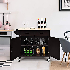 Giantex Kitchen Island, Rolling Kitchen Cart, Wood Counter Top, Utility Service Trolley Cart with Storage Cabinet and 2 Large Drawer Towel Rack, Bar Dining Room Organizer Furniture, Dark Brown