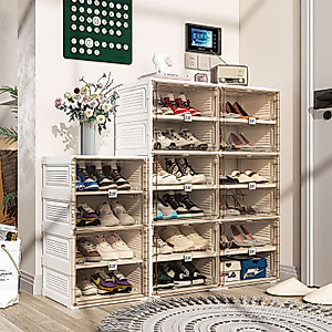 ANTBOX Portable Shoe Rack Organizer for Closet Entryway, Stackable Sneaker Storage Shoe Cabinet with Magnetic Clear Door, Large Plastic Storage containers Bins with Lids 4 Tiers 16 Pairs