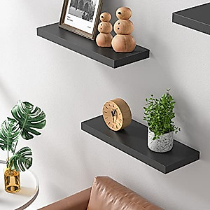 AMADA HOMEFURNISHING Floating Shelves Wall Mounted, AMFS07 Black with Invisible Brackets & AMFS20N Rustic Brown with Towel Bar