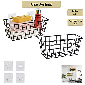 2 Pack Hanging Storage Basket, Bathroom Basket, Household Goods Storage Basket, with Traceless Tape, no Drilling, for Cabinet Storage, Kitchen, Bathroom, Storage Room (2 Black)