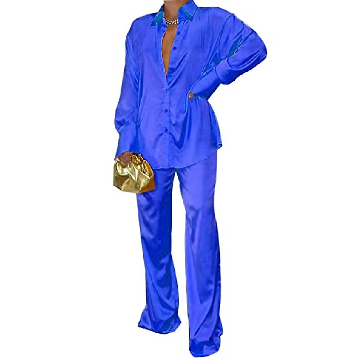 Satin Two Piece Outfits for Women - Silk Long Sleeve Button Down Wide Leg Loungewear Pajama Set Fashion Streetwear Blue
