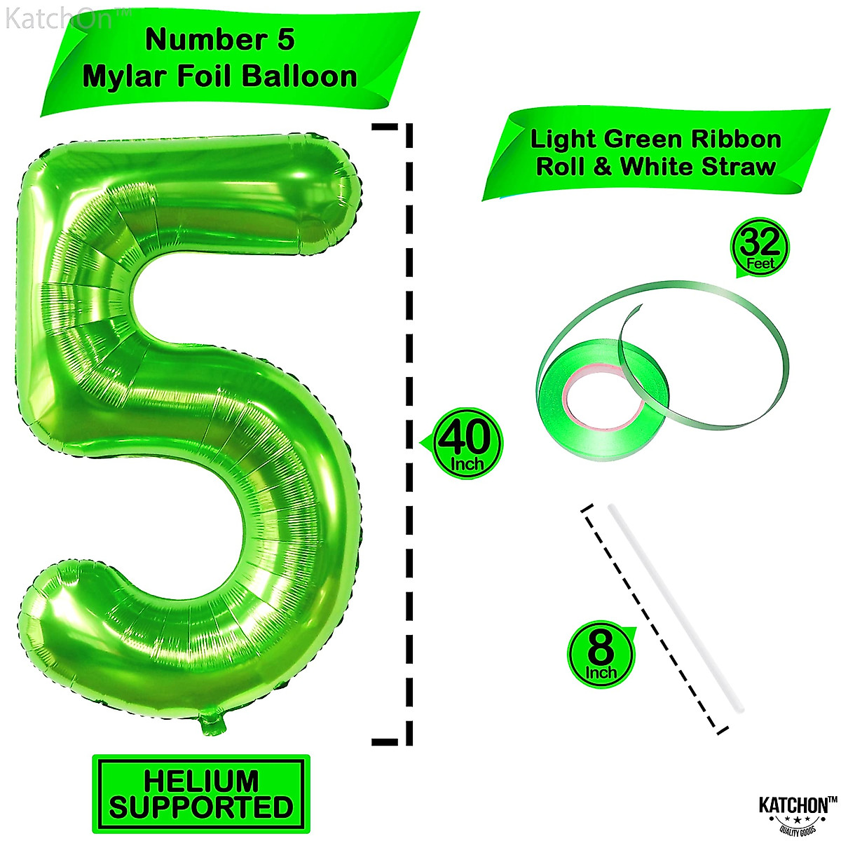 KatchOn, Light Green 5 Balloon Numbers - 40 Inch | Big, Number Green 5 Balloons for 5th Birthday Decorations for Boys | 5th Birthday Balloons for Green Birthday Decorations, Dinosaur Party Decorations