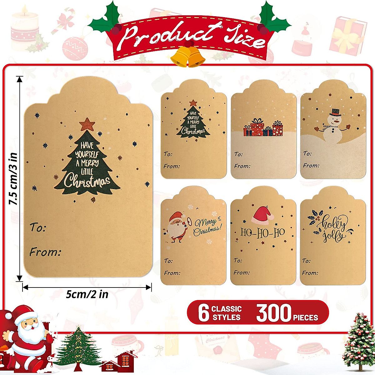 300Pcs Christmas Tag Stickers, Self Adhesive Christmas Name Tag Stickers, Easy to Write and Peel, Perfect for Holiday Decorative Presents Cards Boxes, 2 x 3 Inch, 6 Designs