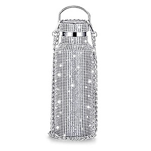 RLMOON Bling Water Bottle Rhinestone Diamond Stainless Steel Glitter Insulated Bottle Vacuum Flask Sparkling Thermal Bottle with Chain Refillable Water Bottles for Women