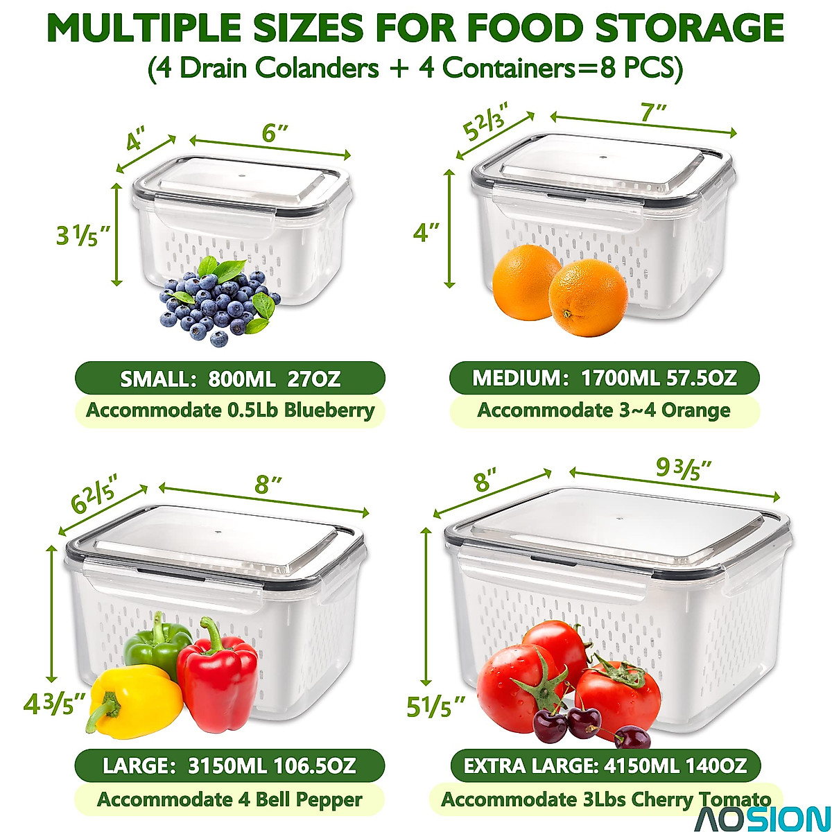 AOSION 8 Pieces Fruit Storage Containers For Fridge, Large Produce Saver Berry Lettuce Containers For Refrigerator Organizers Bins, Fruit Vegetable Food Storage Containers With Lids & Colanders