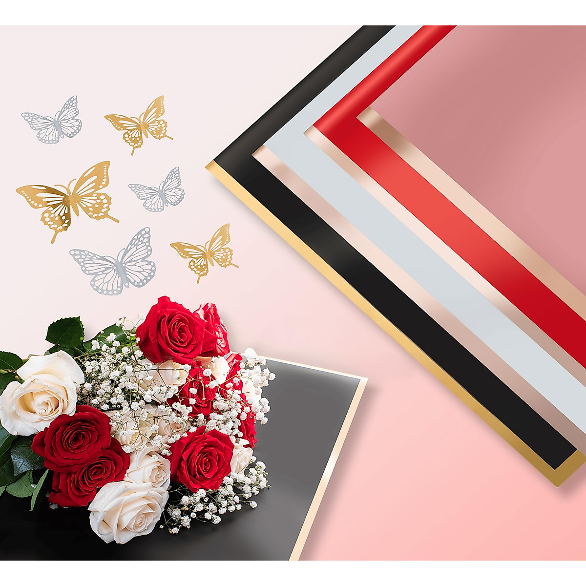 48 Sheets Flower Wrapping Paper , Wrapping Paper with 24 Butterflies 3D and 3 Satin Ribbon , Bouquet Wrapping Paper Waterproof , Papel para Ramos de Flores , Floral Wrapping Paper, Floral Paper (4 Colors)