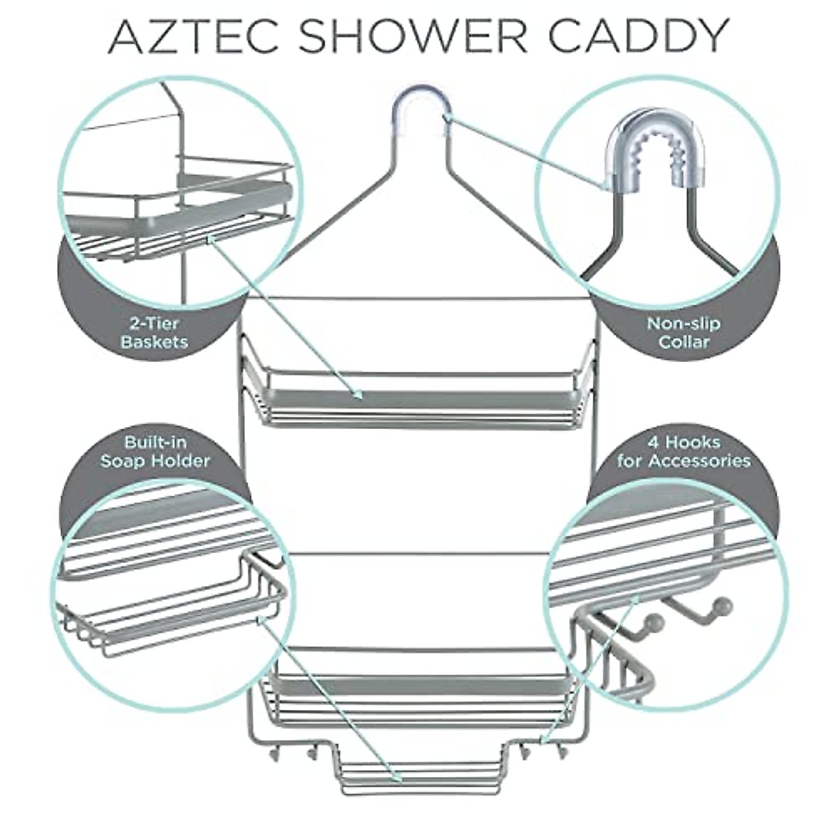 Bath Bliss Regency Hanging Shower Caddy | Bathroom Storage & Organization | Shower Head Hang | 2 Baskets and Razor Hooks | Soap Bar Tray | Metal | Grey