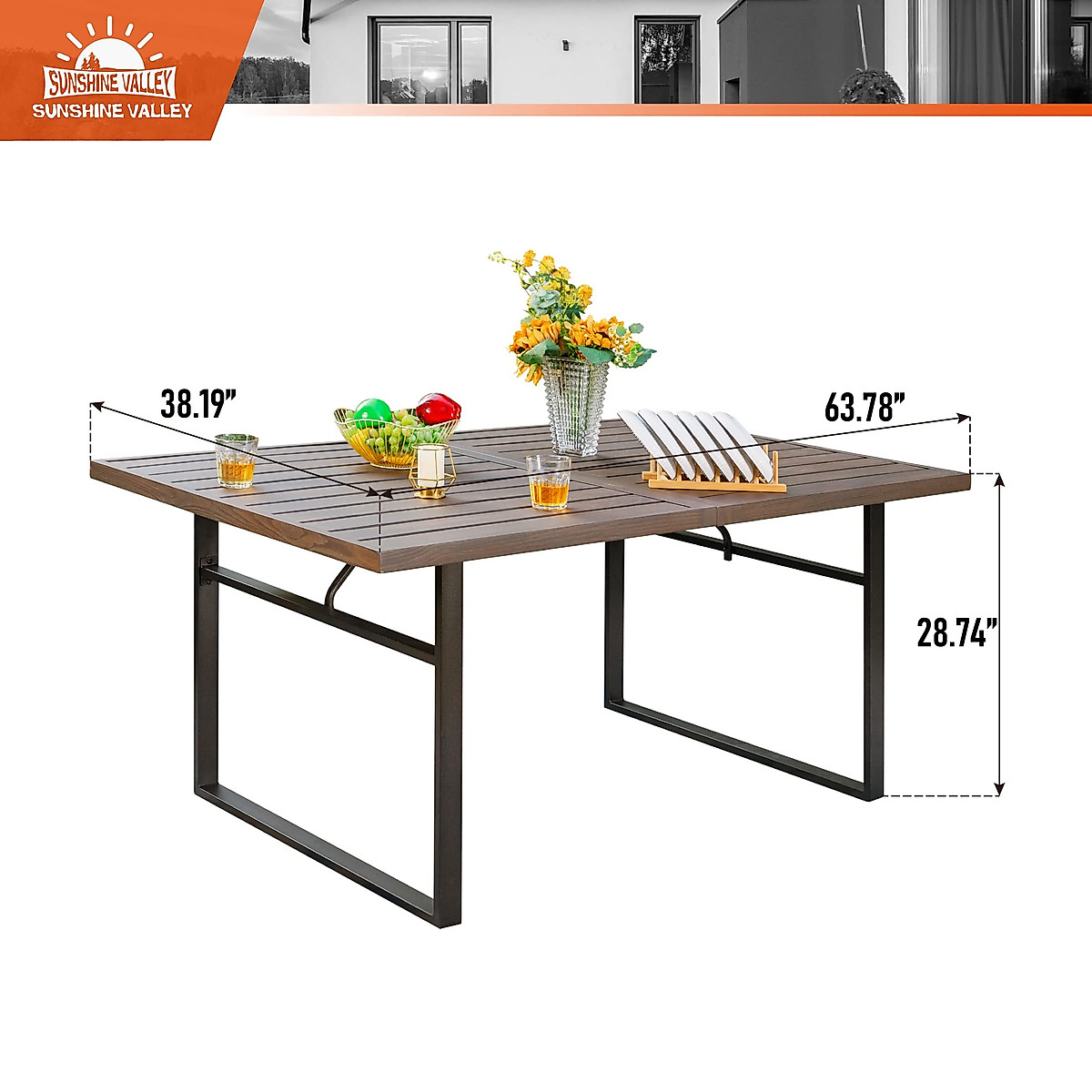 SUNSHINE VALLEY Patio Dining Table 63.8" x 38.2" x28.7" Rectangular Outdoor Dining Table with U-Shaped Legs,Steel Frame with 1.57" Umbrella Hole for Garden Backyard Lawn Yard Furniture.