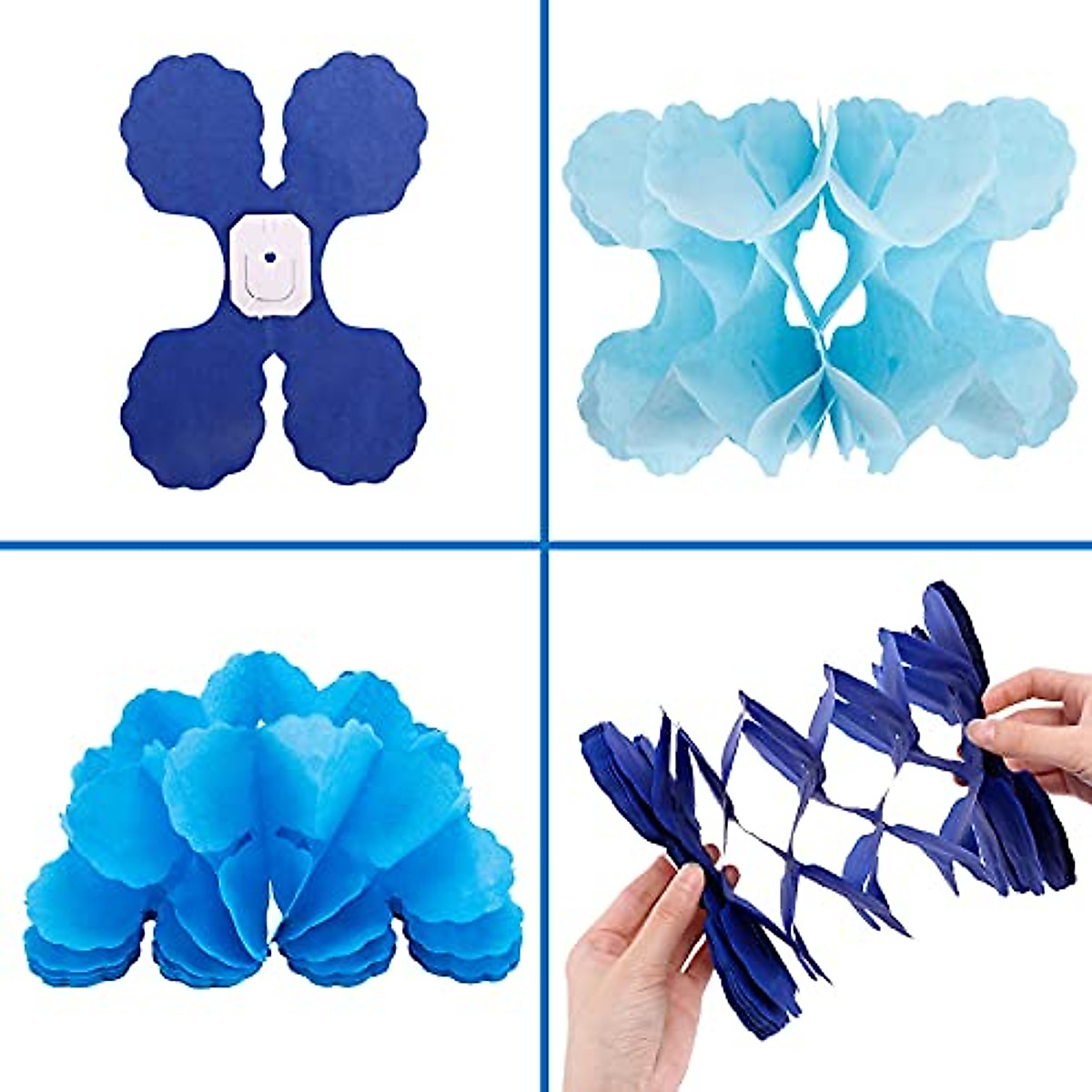 RUBFAC 6pcs Four-Leaf Clover Garland Party Blue and White Streamers Tissue Paper Hanging Flower Garland for Frozen Party Baby Shower Decoration