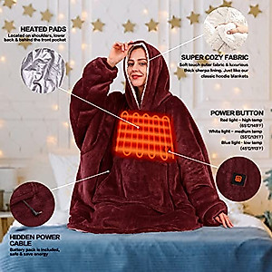 OCTROT Heated Wearable Blanket Hoodie for Adult with Battery Pack 7.4V 10000mah, Oversized Blanket Hoodie Sherpa Hooded Blanket Sweatshirt for Women Men, Cozy Warm Soft Washable Blanket, Wine Red