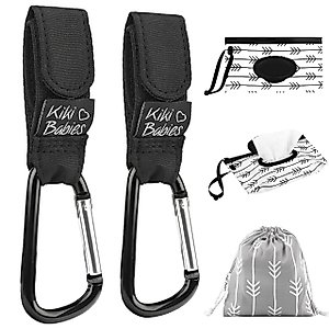 Kiki Babies 2-Pack Stroller Hooks for Bags, Multifunctional Stroller Clip, Diaper Bag Hook, Heavy Duty Carabiner Hanger, Extra Large for Baby Accessories, Bonus Wipes Case & Bag