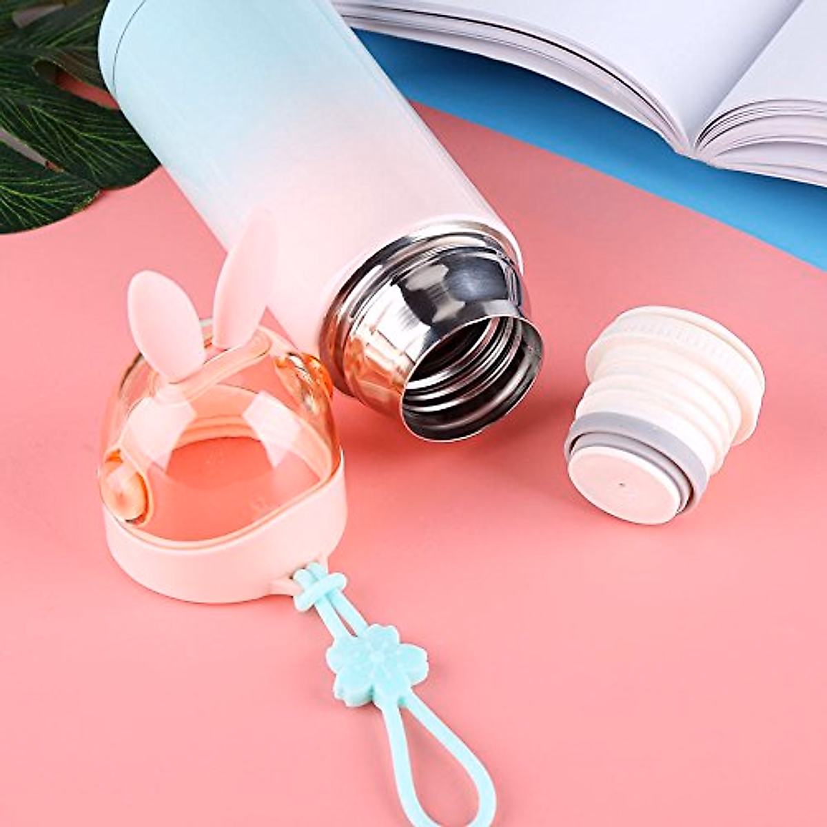 Fdit 350ML Cute Rabbit Cartoon Kids Vacuum Insulated Mug Stainless Steel Hot Water Bottle Travel Mug(Pink + Green)