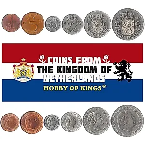 6 Coins from Netherlands | Dutch Coin Set Collection 1 5 10 25 Cents 1 2½ Gulden | Circulated 1950-1980 | Queen Juliana