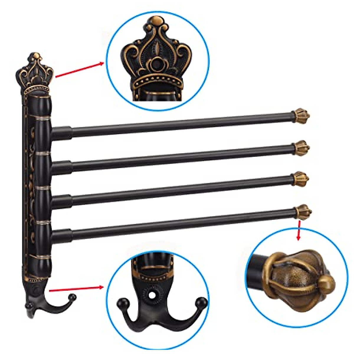 SDH Towel Rack 4-Arms Aluminum Wall Mounted Hand Towel Holder with Hooks 180° Swivel Rotation Space Saving Vintage Theme Design Towel bar for Kitchen & Bathroom Storage