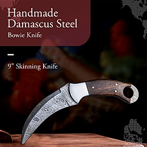 Morf Steelware Damascus Karambit Knife, Handmade Damascus Steel Bowie Knife, 9 inch Karambit Skinning Knife with Leather Sheath, Hunting, Camping & Outdoor Knife - Rose Wood Handle