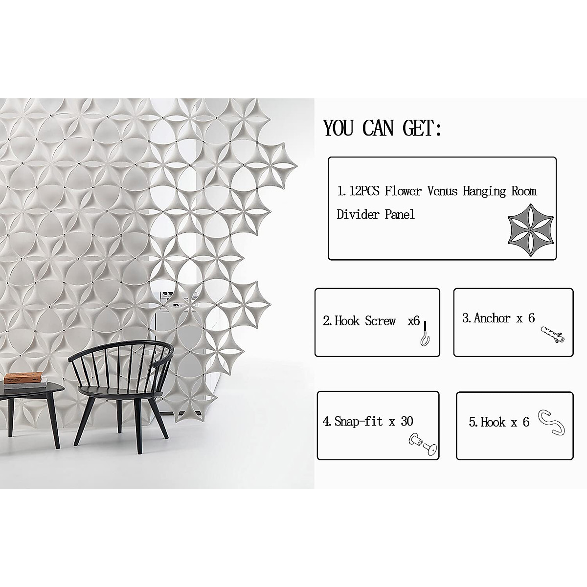 OSHIYINN White 3D Flower Venus 14"x12" Hanging Room Divider Panel Felt Fiber Surface High Density Polyester Fiber Board Cut Room Partition Home Decoratio(12 Pcs)