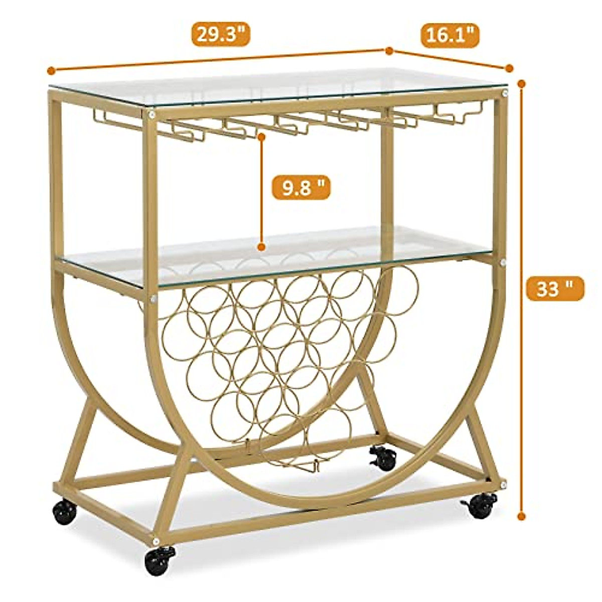 O&K FURNITURE Glass Bar Cart with Wine Rack, Bar Serving Cart on Wheels, Kitchen Storage Cart for The Home, Gold