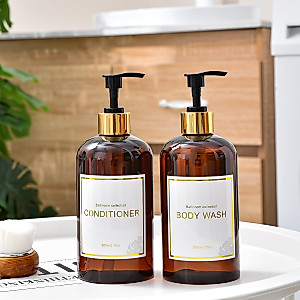 Akalin 16oz Shampoo and Conditioner Dispenser, Set of 3 Shampoo Bottles Refillable with Pump, 3 Shampoo and Conditioner Bottles, Shower Bottles Refillable with 6 Waterproof Labels (Brown)