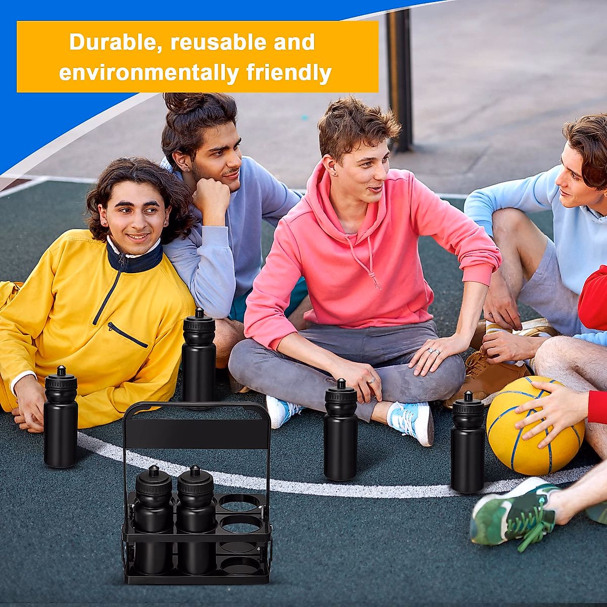 2 Pack Sports Water Bottle Carrier with 12 Team Water Bottles 20 oz Wide Mouth Water Bottles BPA Free Plastic Squeeze Water Bottles Major Sports Water Bottles for Fitness Bike Gym Camping (Black)