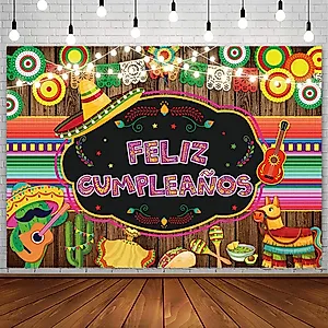 AIBIIN 7x5ft Feliz Cumpleaños Backdrop Mexican Fiesta Happy Birthday Party Decorations Cinco De Mayo Taco Retro Wood Photography Background Festival Colorful Flags Flowers Banner Photo Shoot Props