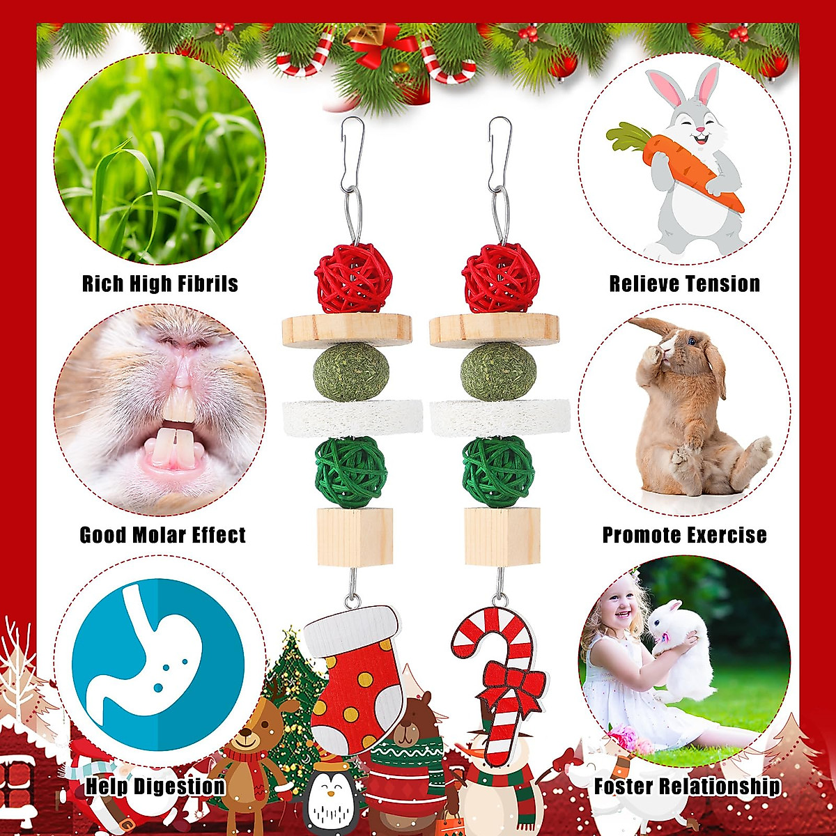 Shappy 9 Pcs Christmas Guinea Pig Toys Xmas Bunny Rabbit Hamster Chinchilla Hanging Toys for Teeth Grinding Natural Apple Wood Grass Treats Cage Chews for Small Pets Gifts