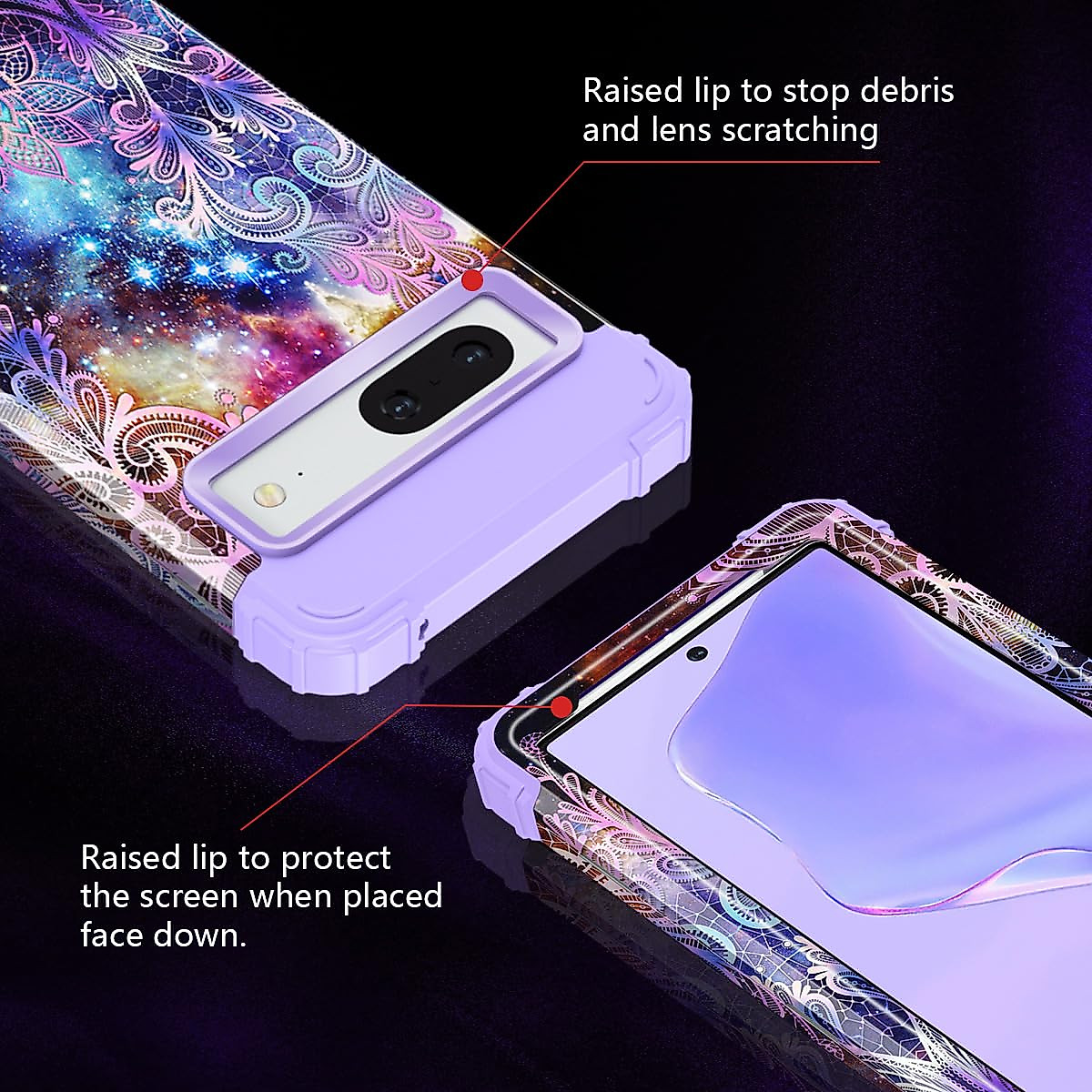 Uamark for Google Pixel 7 Case,Three Layer Heavy Duty Shockproof Full Body Protective with 2 Tempered Glass Screen Protector+2 Camera Lens Protector Case for Google Pixel 7 5G(2022),Purple Mandala