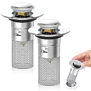 UOIXPUHUO 2Pcs Bathroom Sink Stopper, Pop Up Bathroom Sink Drain Strainer with Removable Stainless Steel Filter Basket Brass Bullet Core Drain Hair Catcher Tub Stopper Fit 1.34''-1.57'' Hole