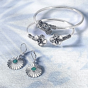 Native American South Western Concho Carved Petal Flower Blossom Blue Turquoise Lever Back Dangle Earrings Women .925 Sterling Silver