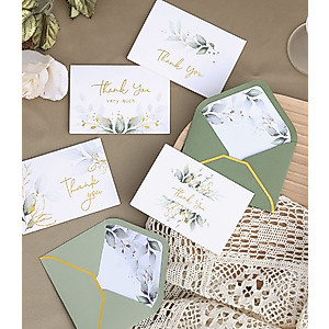 Winoo Design 100 PK Luxurious Gold Thank You Cards with Envelopes Bulk Sage Green - 5x3.5 Inches Wedding Thank You Notes Baby Shower Greenery Bridal Shower Small Business