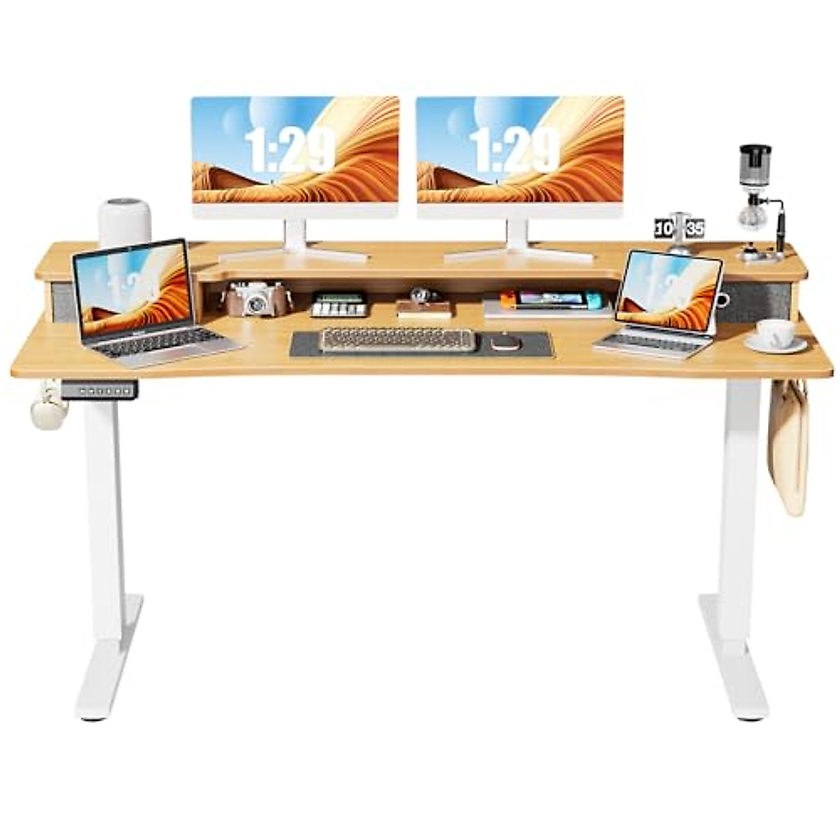 Sweetcrispy Electric Standing Desk Adjustable Height Stand Up Desk, 63 x 24 Inch Sit Stand Desk Adjustable Desk, Home Office Computer Desk with Storage Shelf, Double Drawer, Splice Board, Oak Desktop