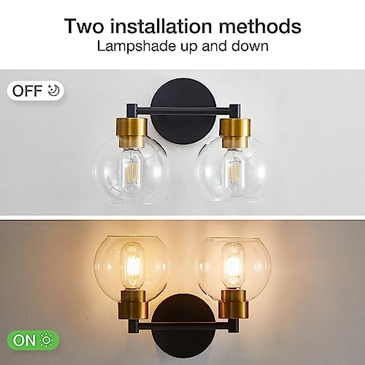 yenlacy Bathroom Light Fixtures, Black and Gold 2 Light Bathroom Vanity Light, Bathroom Lights Over Mirror with Globe Glass Shade and Metal Base, Vanity Lights for Bathroom, Stairs, Kitchen