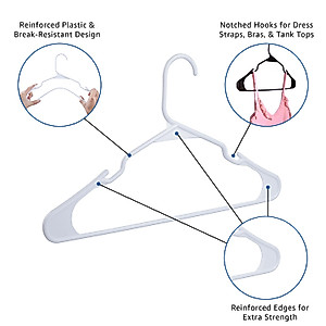 Our Modern Space 100 Pack Adult Plastic Hanger for Shirt Pants Coats Dresses Skirts Suits Jackets - Standard Thick Coat Hanger - Sturdy & Durable Design with Shoulder Grooves Hook - White