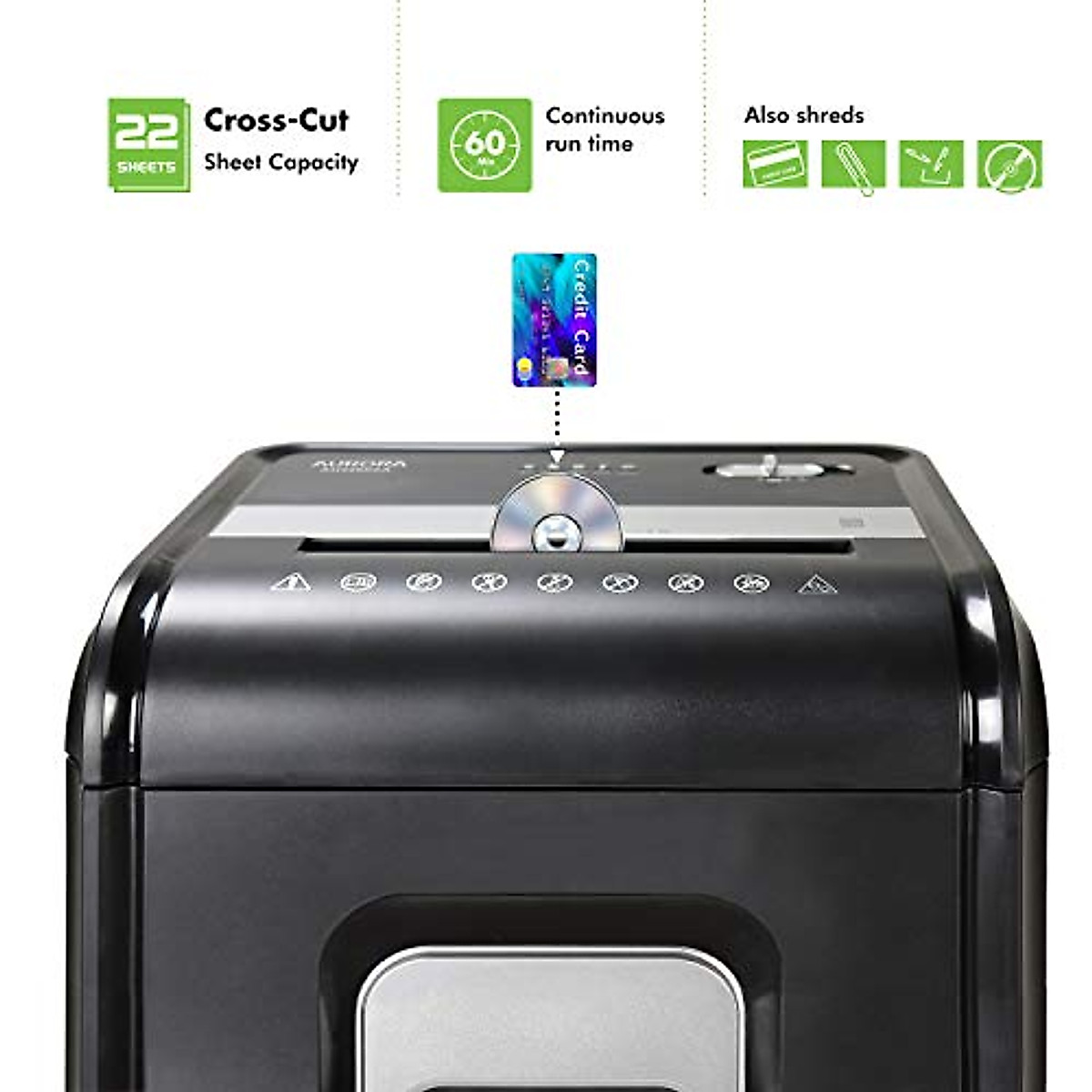 Aurora AU2260XA Heavy Duty Anti-Jam 22-Sheet Crosscut Shredder/60 Min Run Time/ 7-Gallon Pullout Basket and Casters