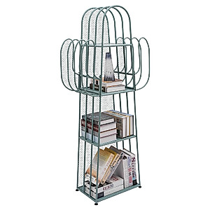 Cactus Bookshelf, 4 Tier Freestanding Cactus Shape Metal Hollow-Out Bookshelfs, Creative Book Storage Shelf Organizer for Small Space Green Cactus Bookcase for Home Living Room Bedroom (Green)