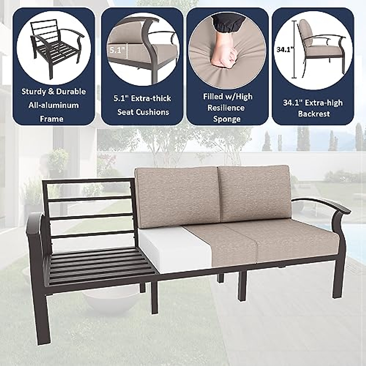 ALAULM Aluminum Patio Furniture Set with Propane Fire Pit Table 9-seat Metal Outdoor Furniture w/Fire Pit Patio Sectional w/5.1" Cushions for Patio, Backyard, Poolside-Sand