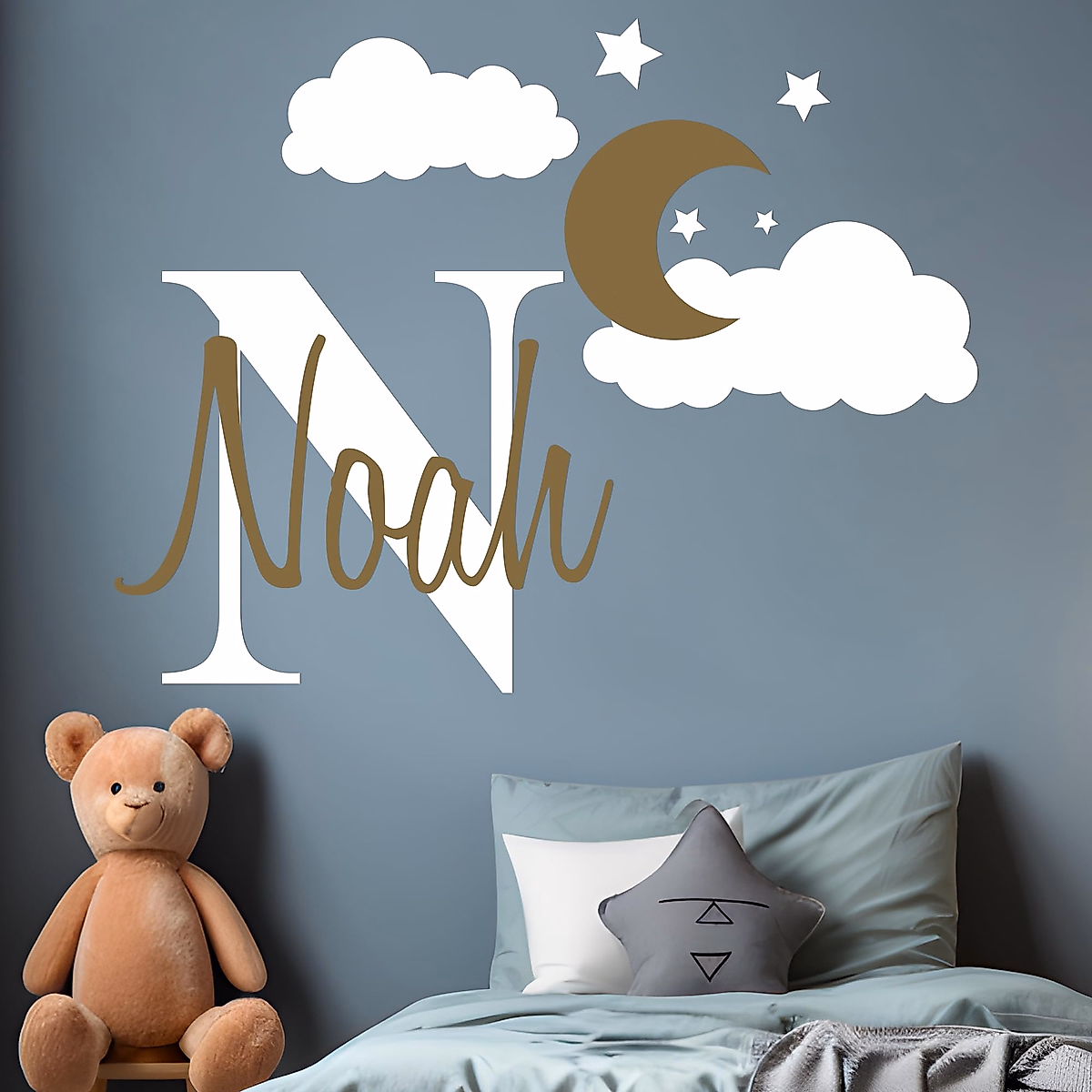 e-Graphic Design Inc Clouds Wall Decals Moon and Stars I Custom Name for Your Baby Room Decor I Personalized Moon, Wall Decor I Mural Wall Decal for Home Children's Bedroom (Wide 22" x 17" Height)