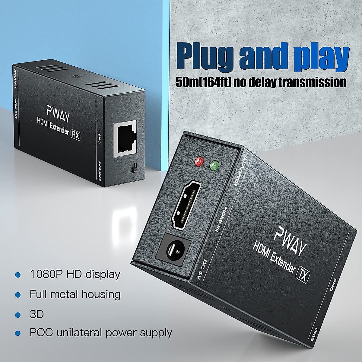 HDMI Extender 165ft Over Single Cat5e/6 Ethernet, Extend 1080P@60Hz Video No Delay, Transmit Audio Video Synchronously, Support 3D, POC, EDID
