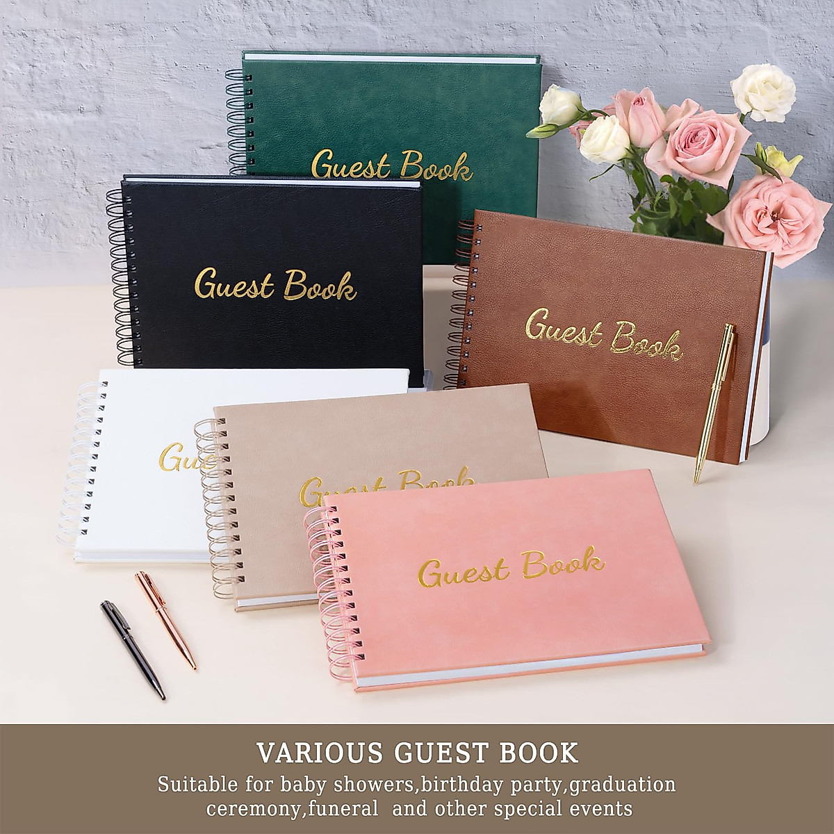 WEMATE Guest Book, Leather Memorial Guestbook,Suitable for Funeral,Graduation and Special Events,Polaroid Guest Book with A Pen,136 Blank&Lined Pages for Sign in and Photos 7"x10″ (Black)
