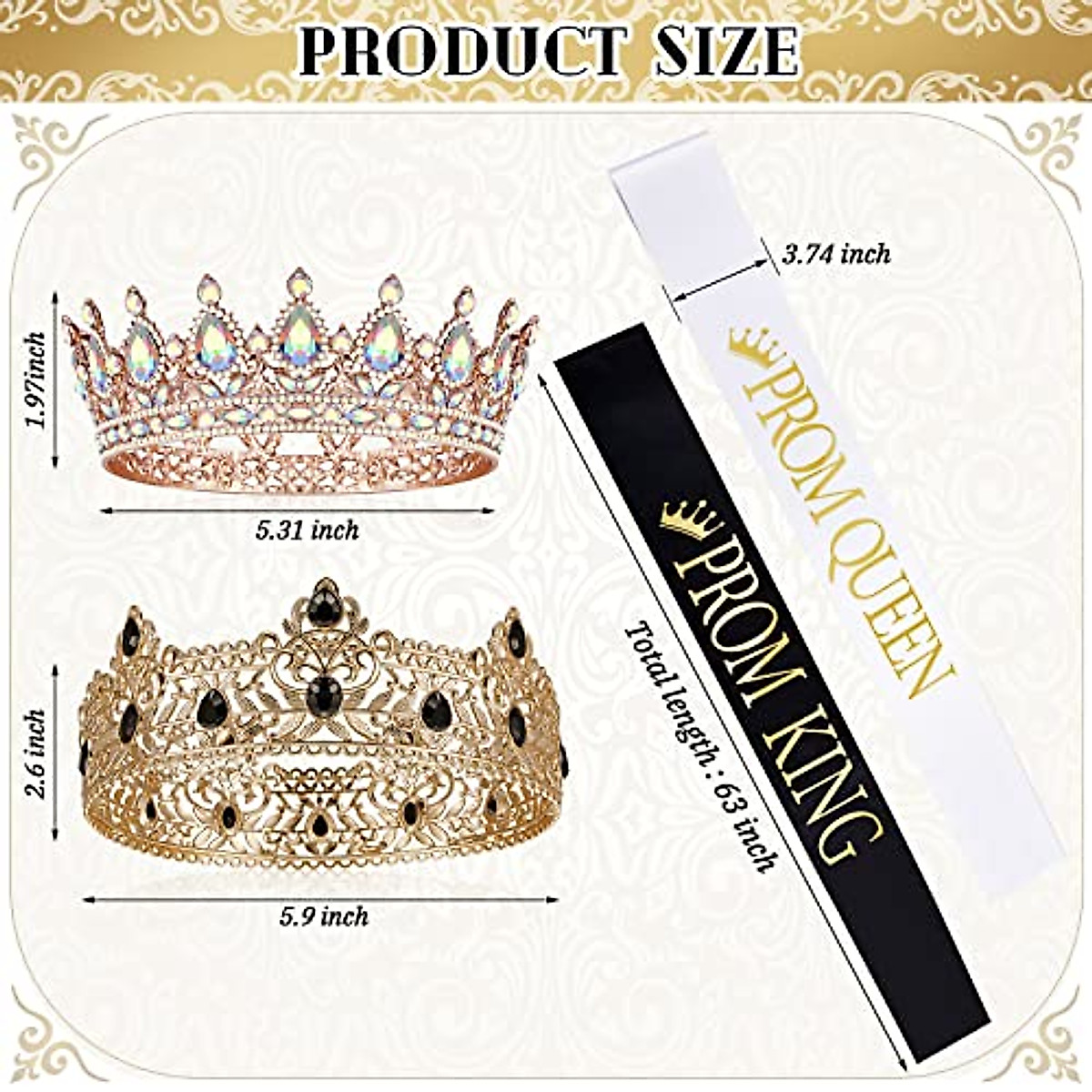 4 Pieces Gold King Crown Tiara Crowns for Men Women Prom Queen and King Satin Sash Rhinestone Crown for Wedding Graduation (AB Diamond, 5.9 x 2.5 Inch, 5 x 2 Inch)