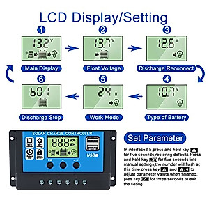 Gdcreestar Solar Charge Controller USB 12V / 24V Auto 10A Solar Panel Battery Controller 10Amp PWM Solar Regulator with Dual USB LCD fit for Small Solar System