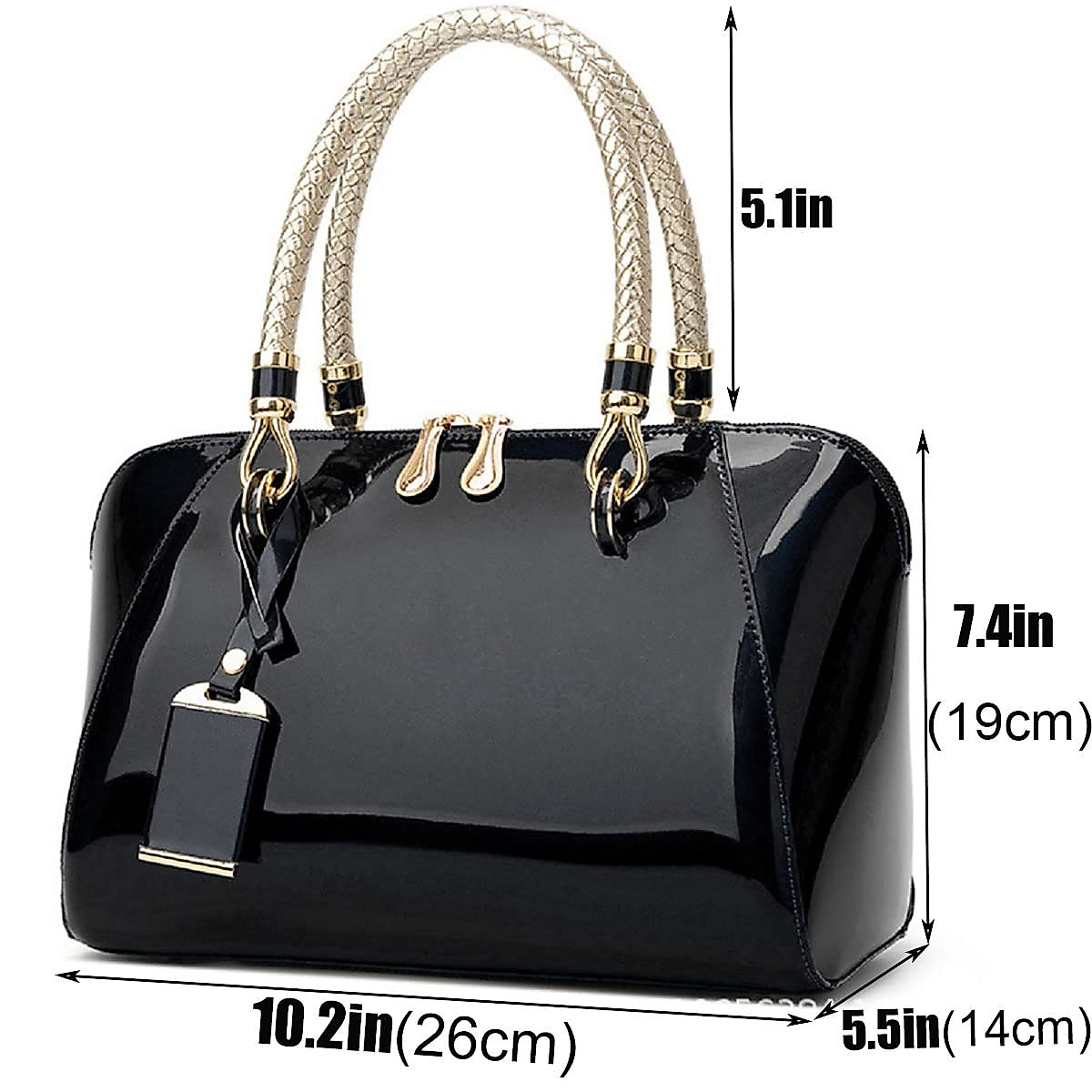 XingChen Shiny Patent Women Faux Leather Handbags Crossbody Bag Top Handle Purse Satchel Bag Shoulder Bag(Black)